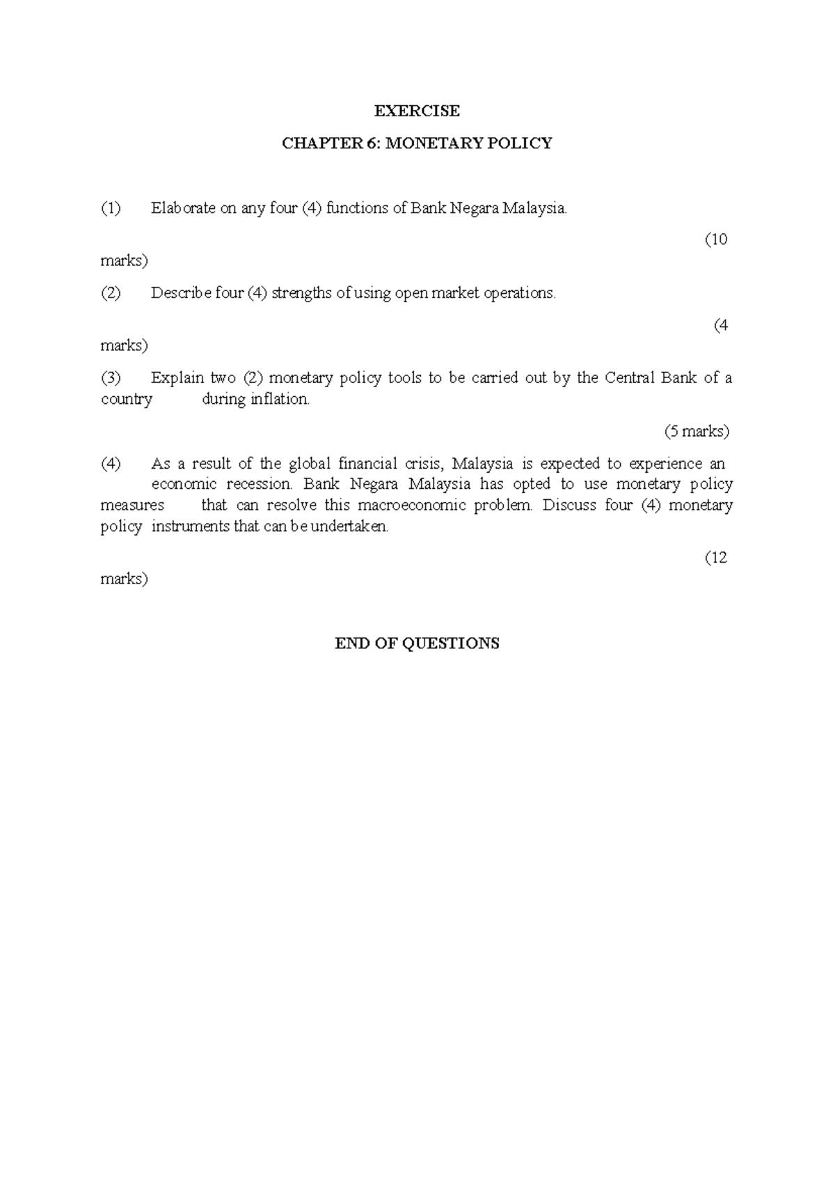 Exercise Chapter 6 - finance - EXERCISE CHAPTER 6: MONETARY POLICY (1 ...