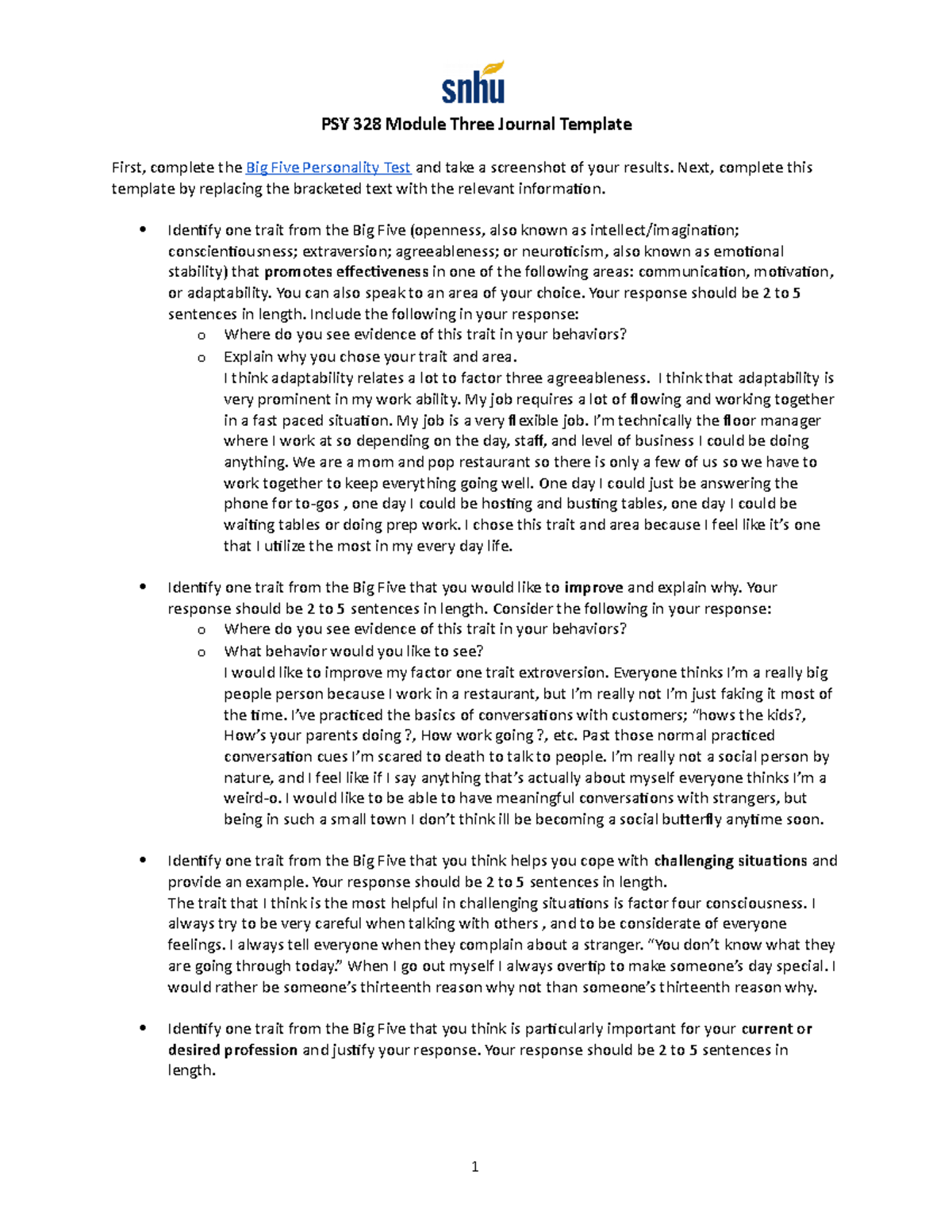 PSY 328 Big Five Personality Journal & Reflection Template - Studocu