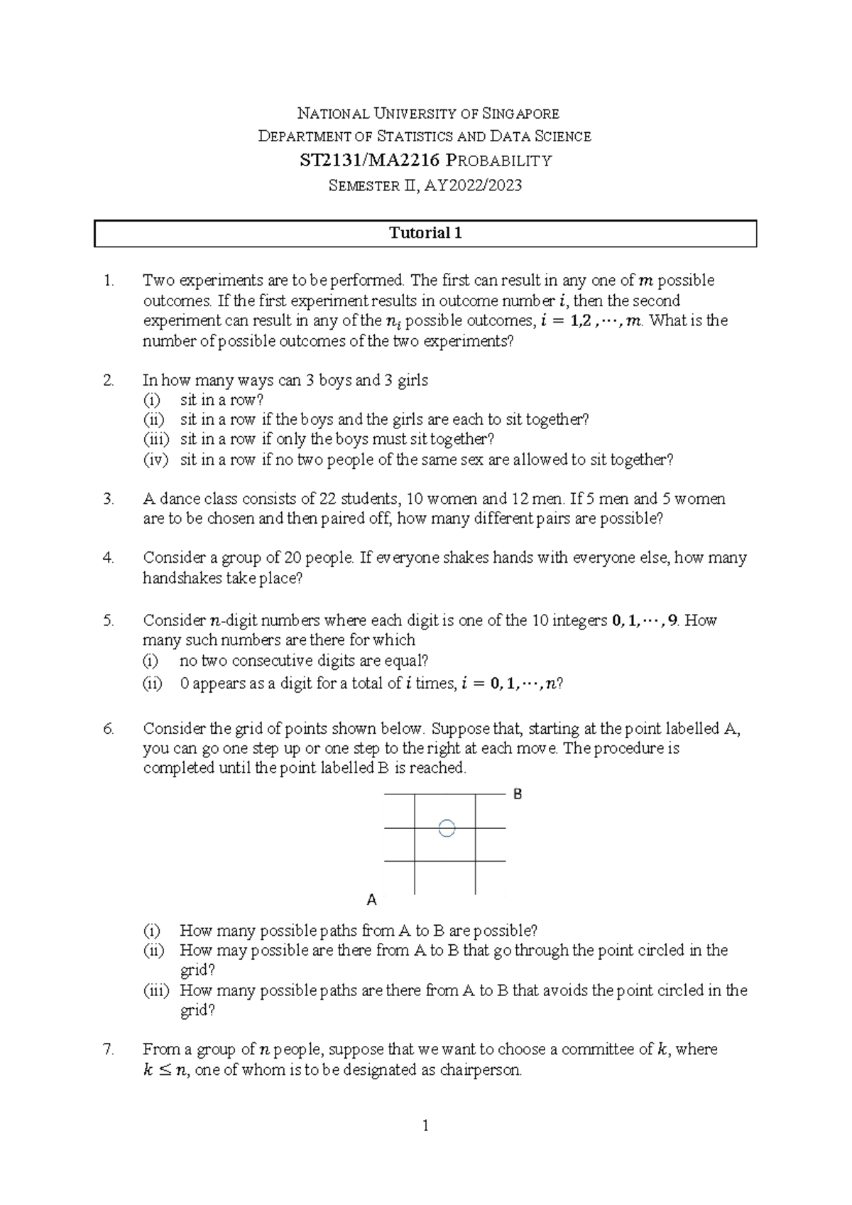 ST2131 22S2 Tutorial 1 - 1 NATIONAL UNIVERSITY OF S INGAPORE DEPARTMENT ...