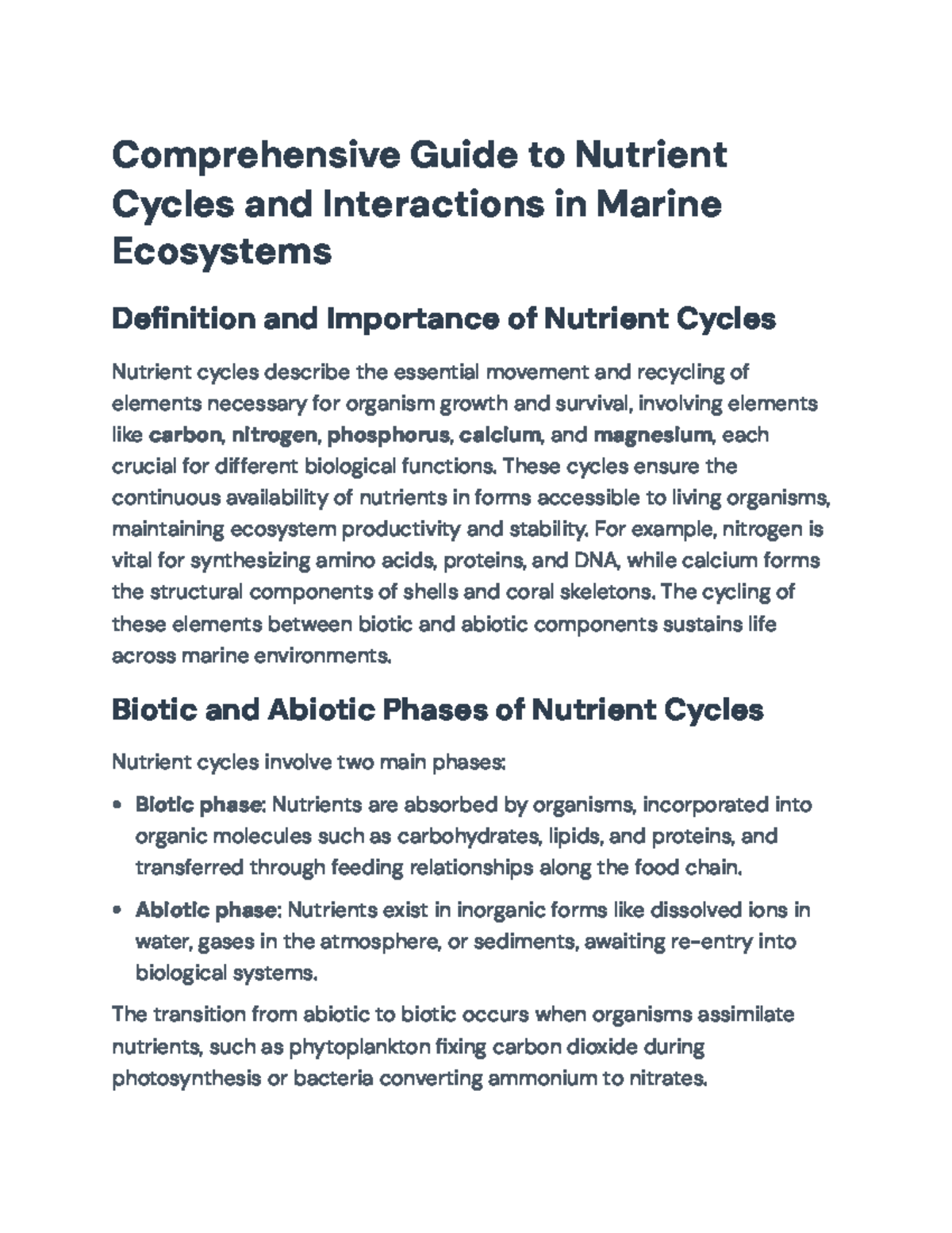 Comprehensive Overview of Marine Nutrient Cycles and Ecosystem Dynamics ...