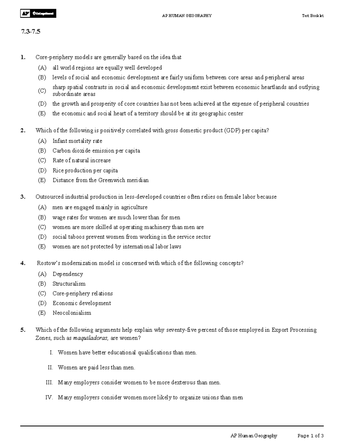 AP HUMAN GEOGRAPHY Test Booklet 1: Key Concepts & Correlations - Studocu
