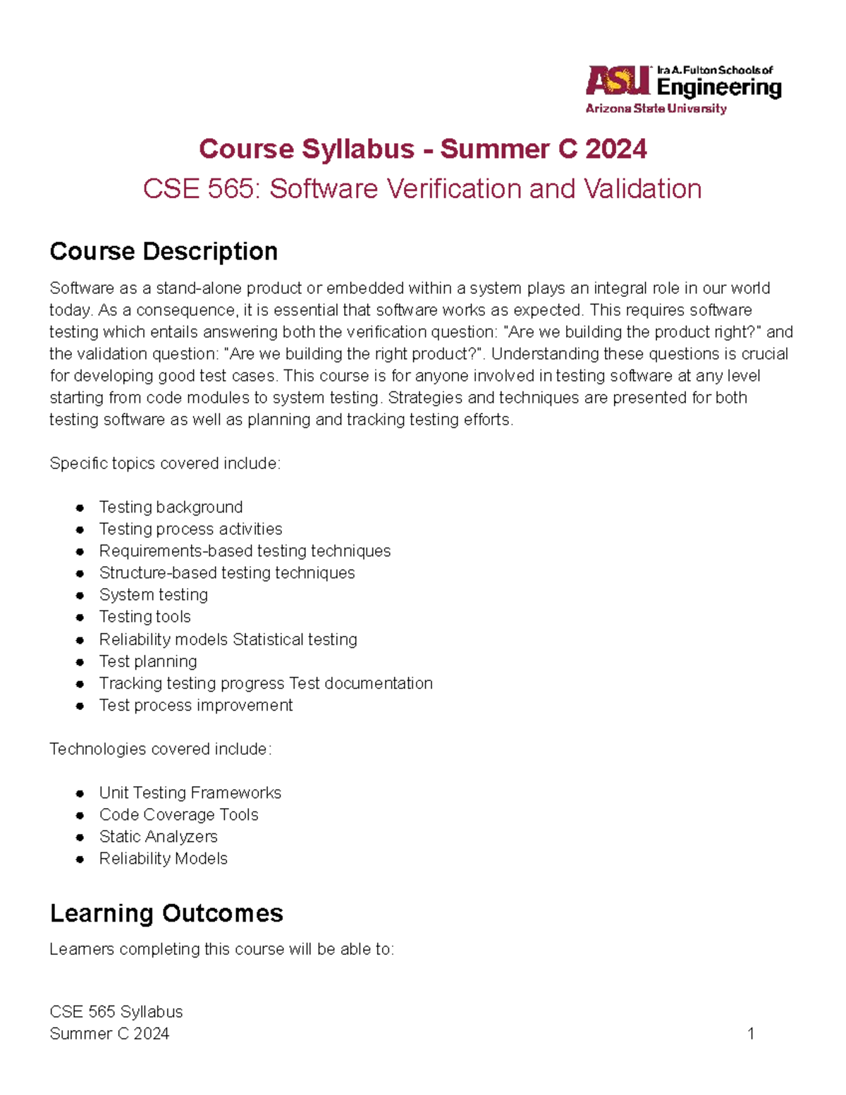 CSE 565 Syllabus: Software Verification and Validation Overview - Studocu