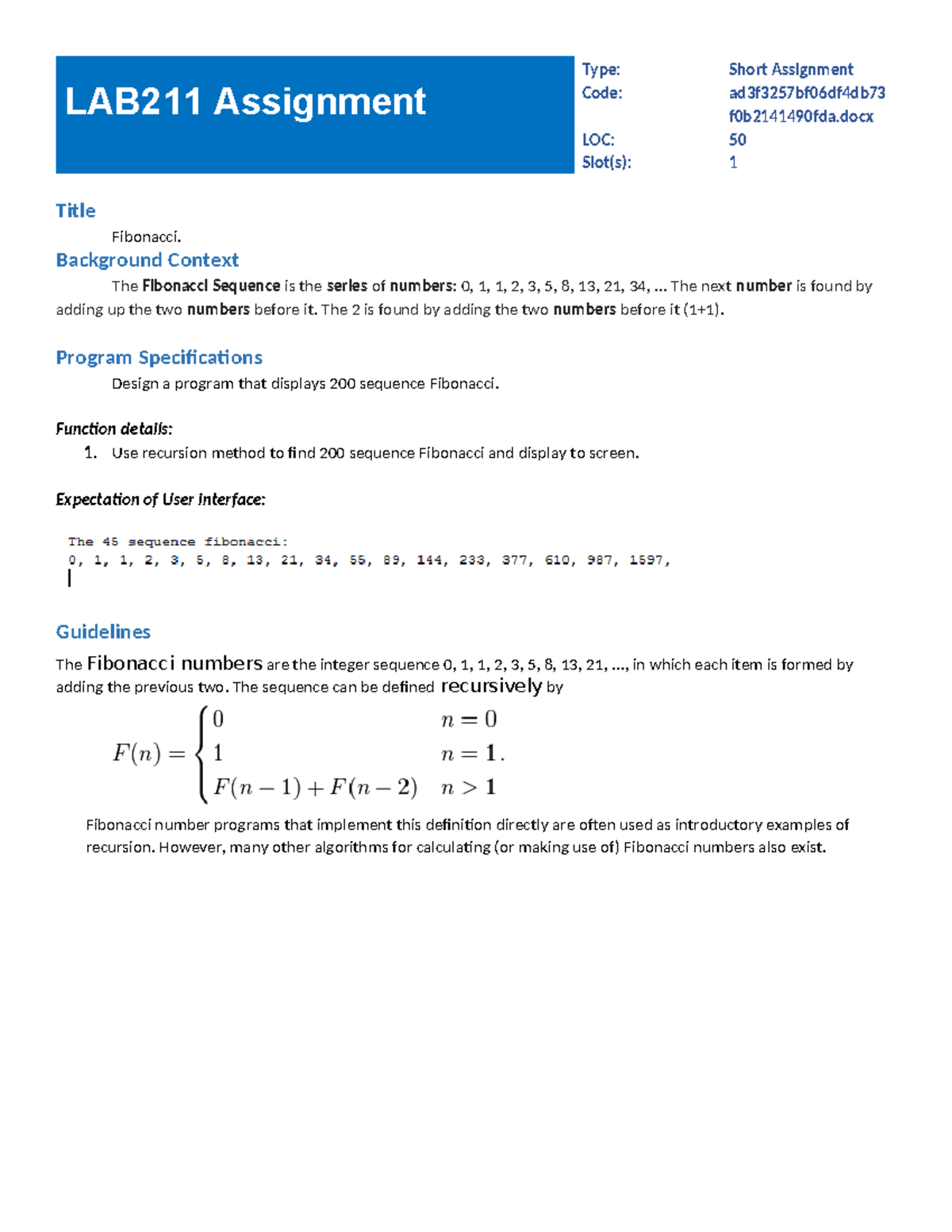 LAB211 Short Assignment: Fibonacci Sequence Program Design - Studocu