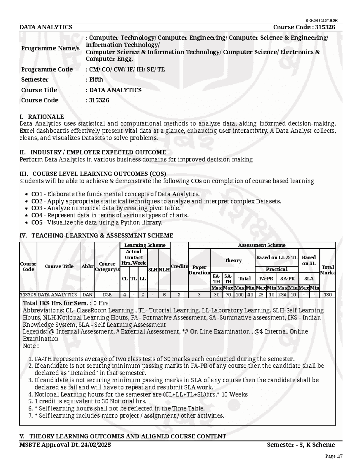 315326 DATA ANALYTICS Course Overview and Learning Outcomes - Studocu