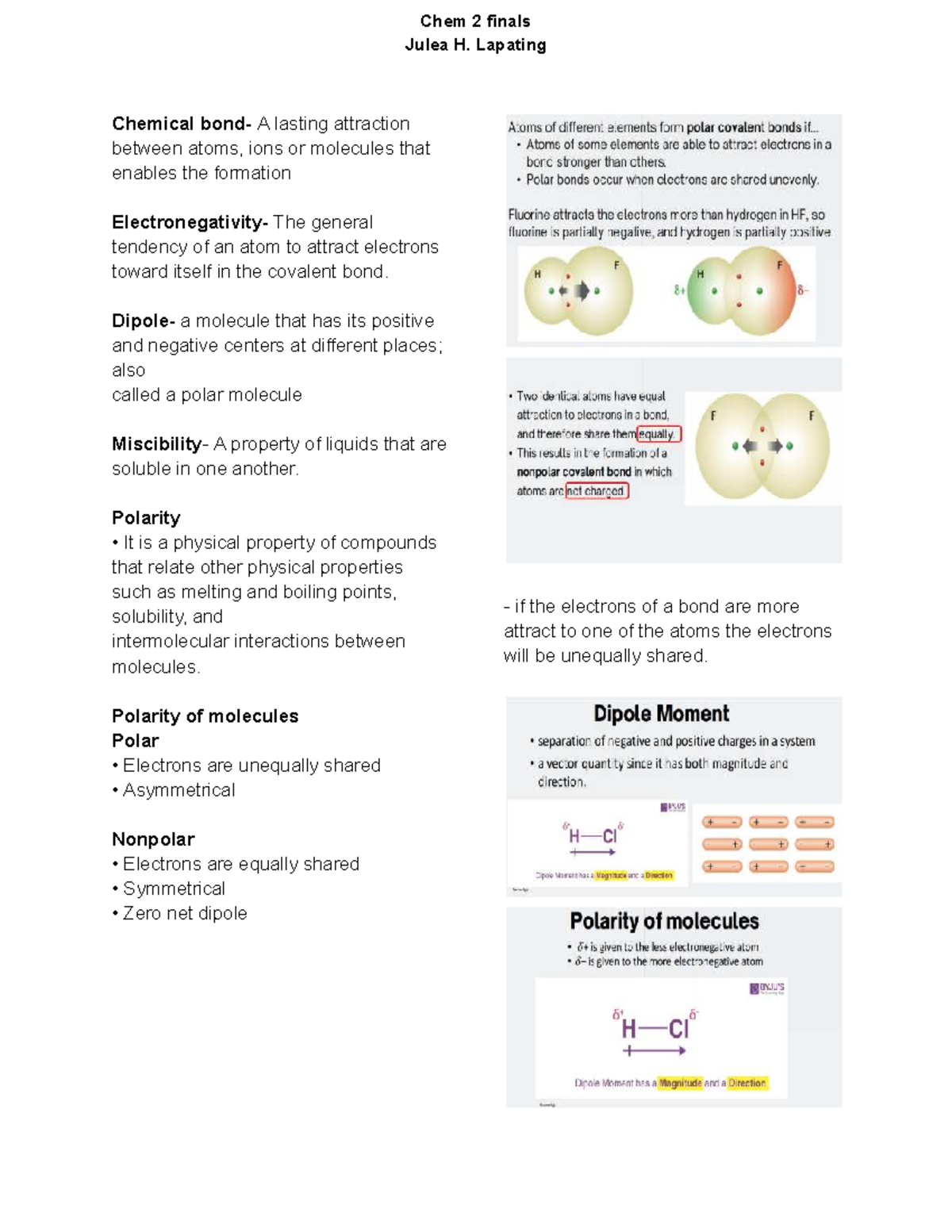 Chem 2 Final Exam Notes: Polarity and Intermolecular Forces - Studocu