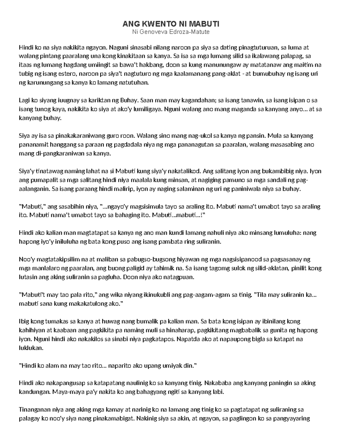 ANG KWENTO NI MABUTI: Isang Pagsusuri sa Maikling Kwento - Studocu