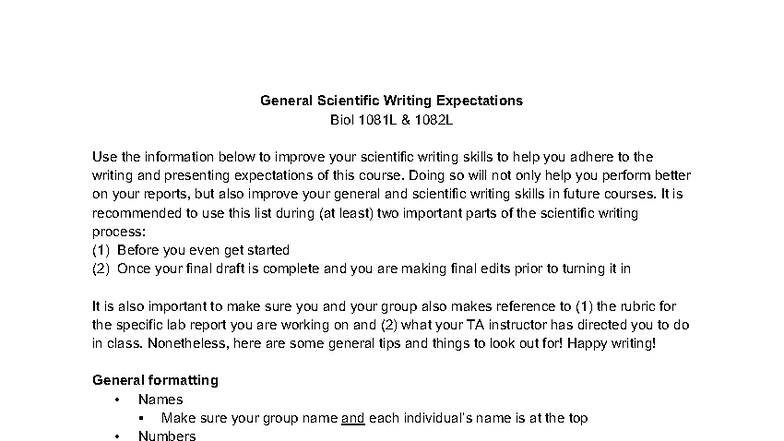 General Scientific Writing Guidelines for Biol 1081L & 1082L - Studocu