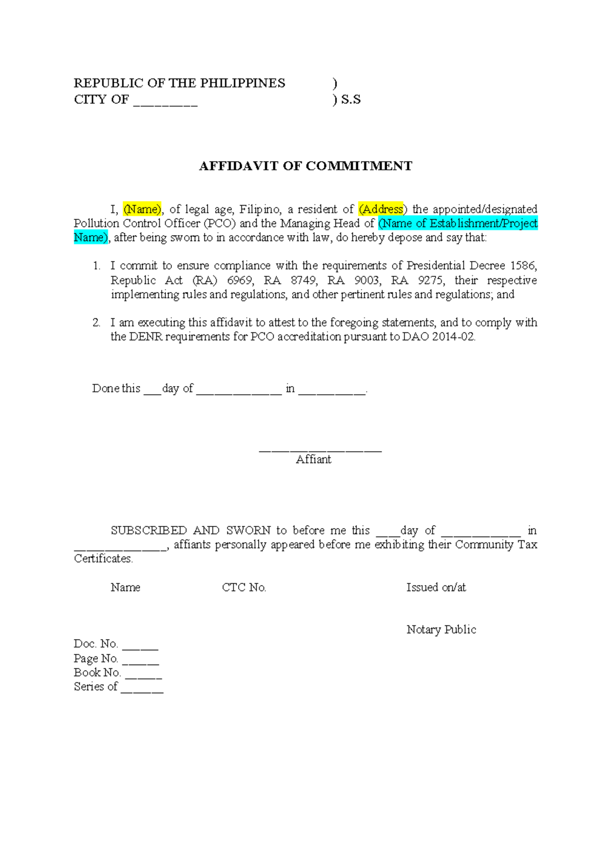 Affidavit of Commitment for PCO Accreditation in the Philippines - Studocu