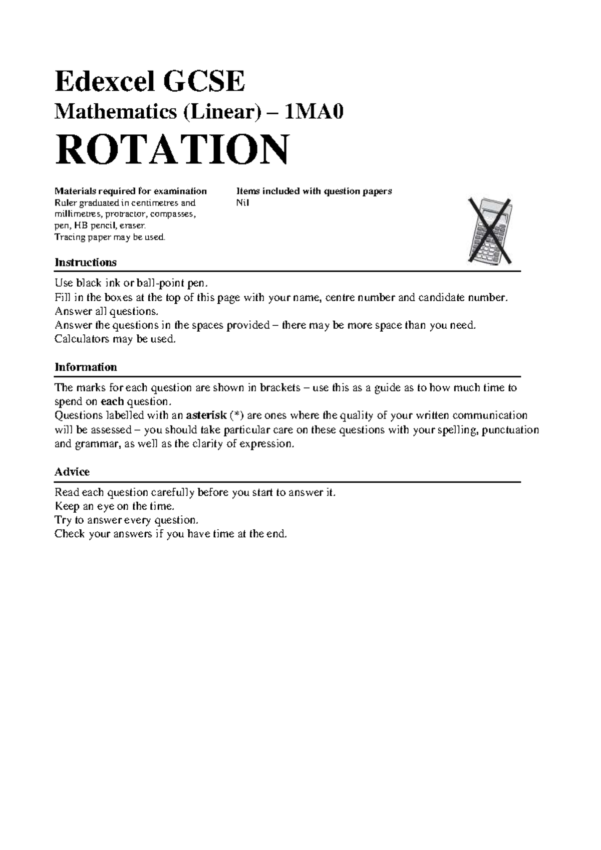 Edexcel GCSE Maths 1MA0 Final Exam: Rotation Practice Materials - Studocu