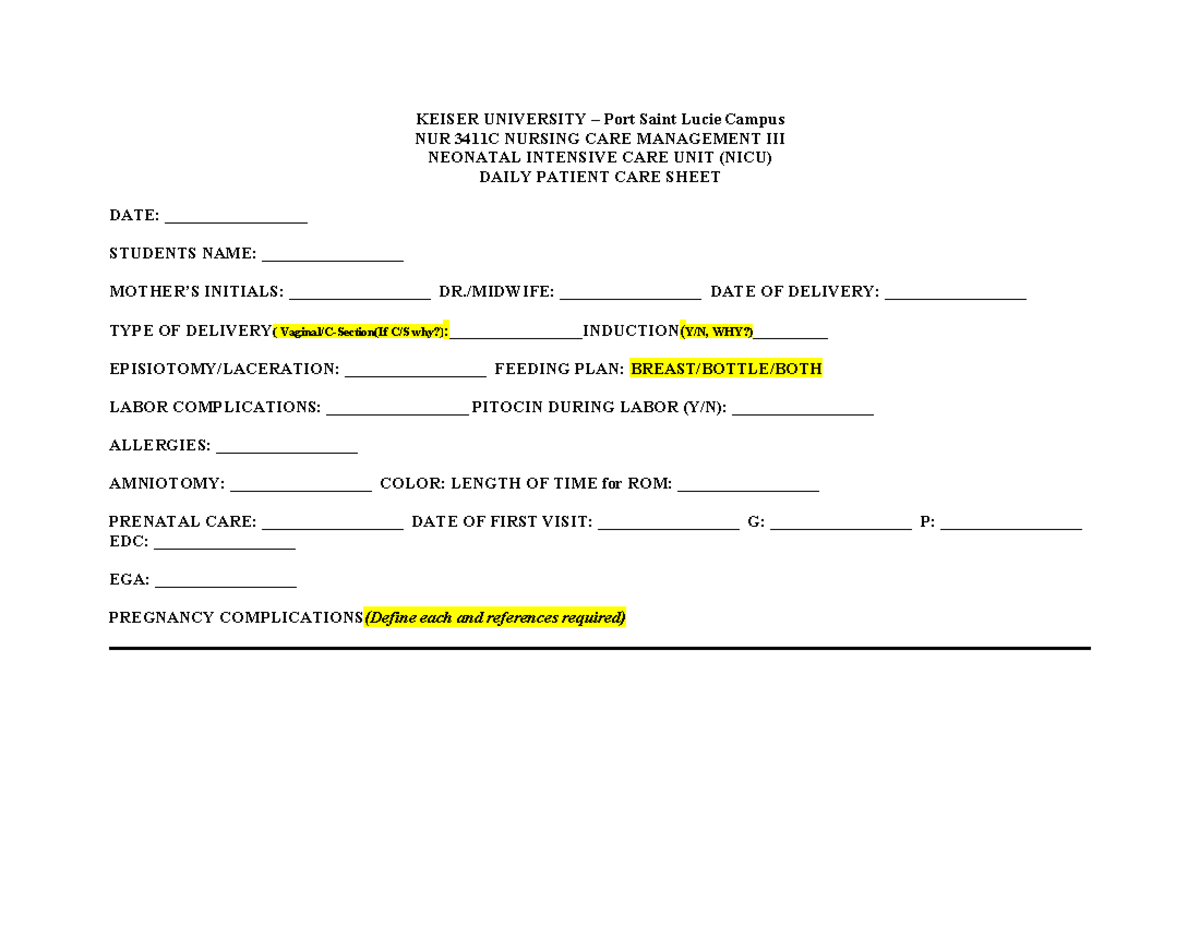NUR 3411C NICU Daily Patient Care Sheet Template - Studocu