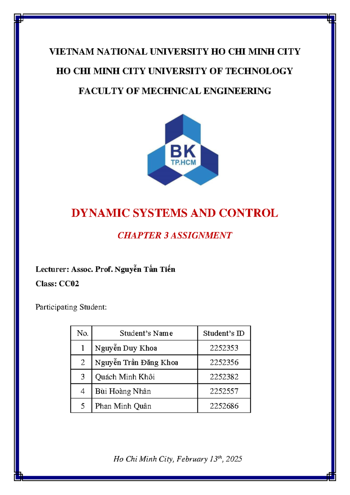 Dynamic Systems and Control CC02 - Chapter 3 Assignment - Studocu