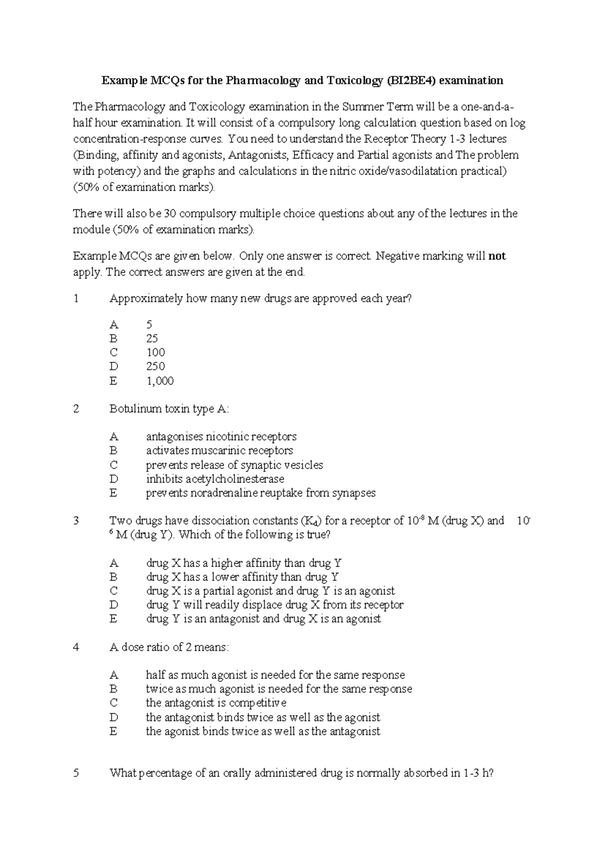 Example MCQs for Pharmacology & Toxicology Exam (BI2BE4) - Studocu