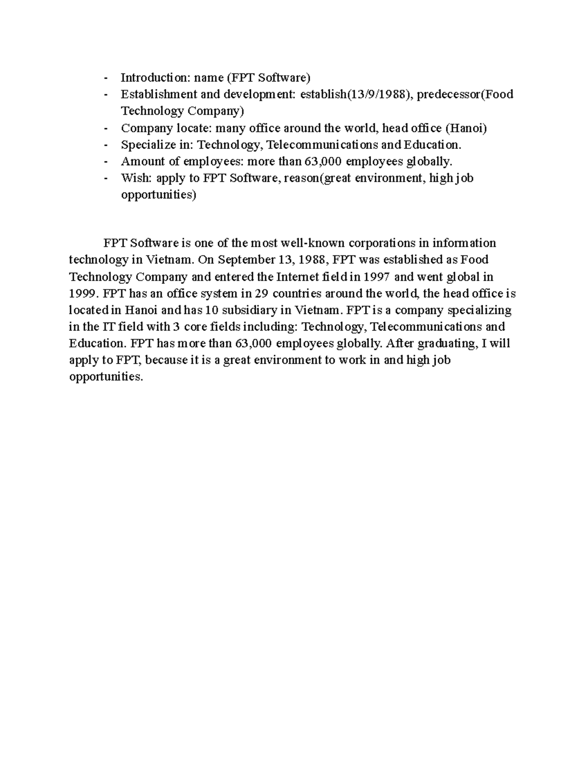 Unit 2 - FPT Software Overview and Career Aspirations - Studocu