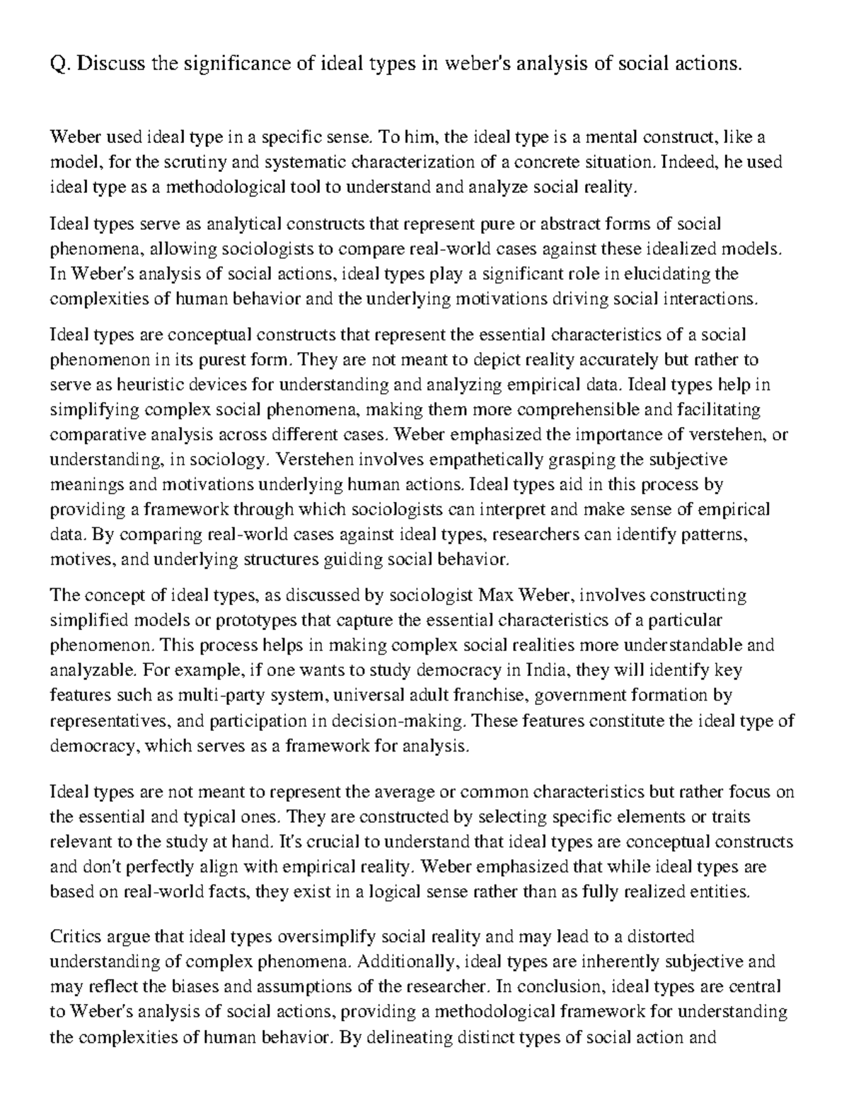 Max Weber's Ideal Types: Significance in Analyzing Social Actions - Studocu