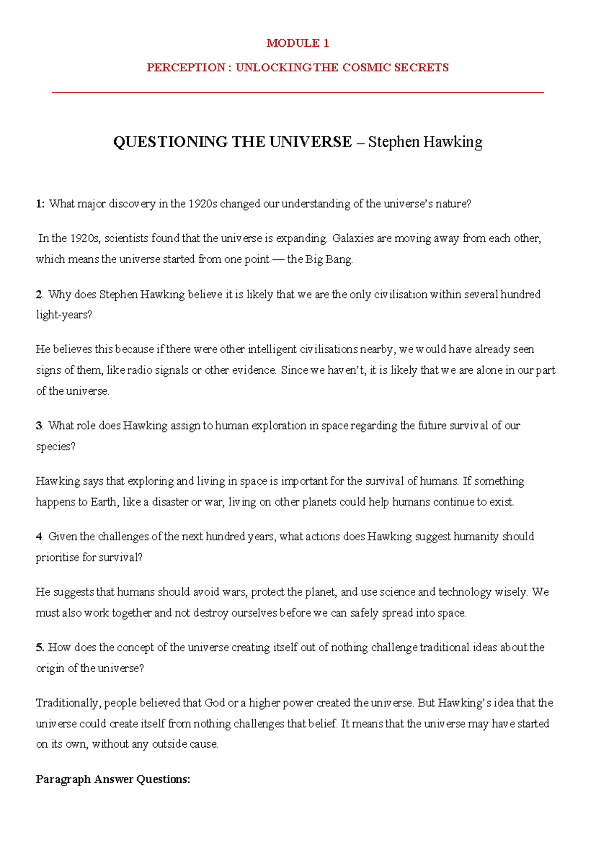 AEC 1 - English: Exploring Stephen Hawking's Cosmic Insights and Nature ...