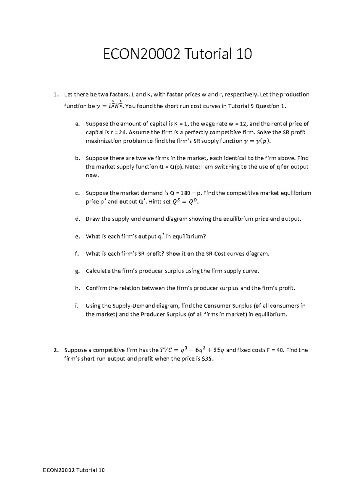 ECON2000 2+Tutorial+10 - ECON20002 Tutorial 10 ECONϮϬϬϬϮ Tutorial ϭϬ ...