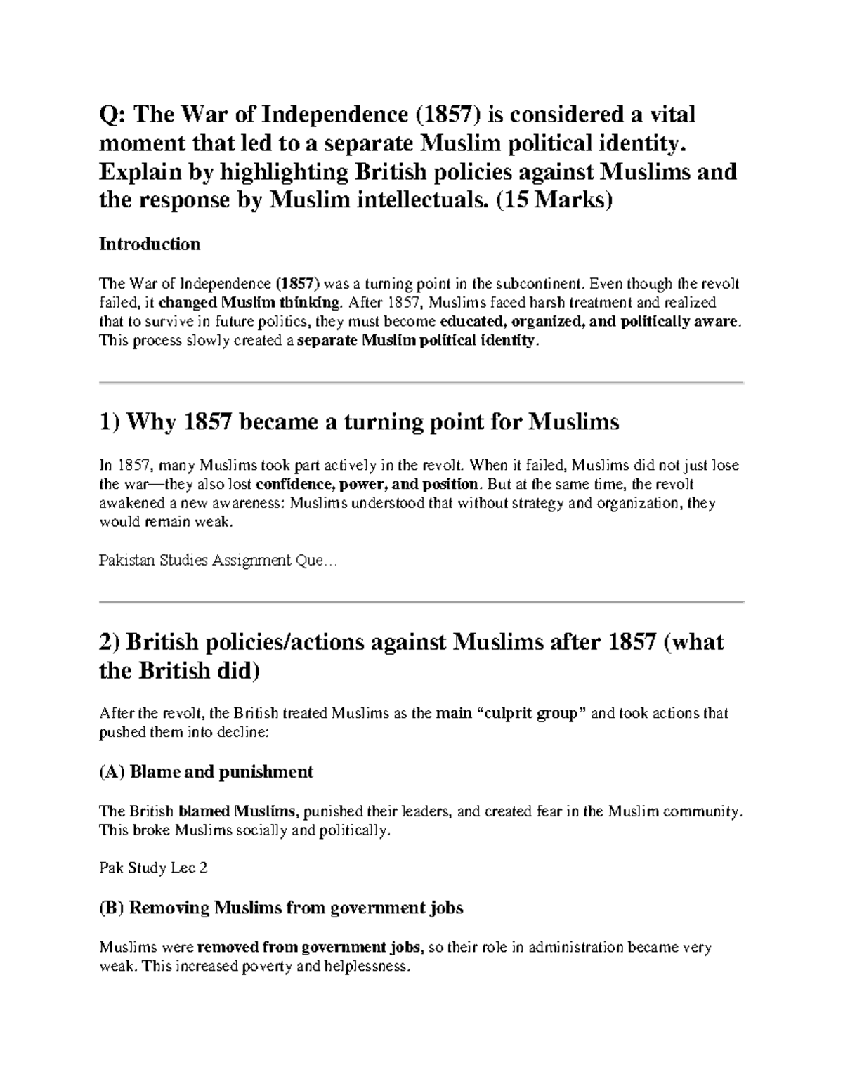 British Policies Against Muslims Post-1857: A Study of Responses - Studocu