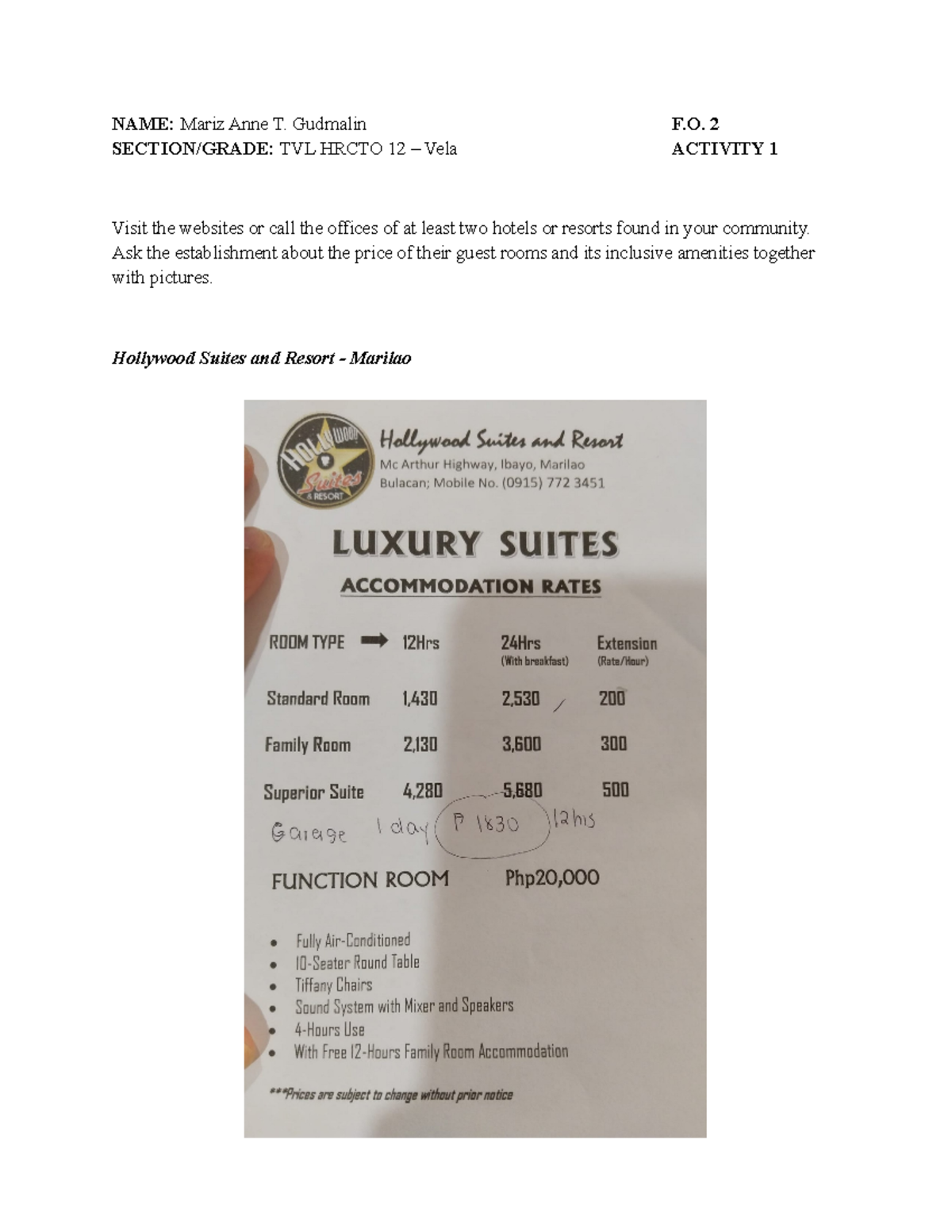 Front Office Activity 1 - Hotel and Its Amenities - NAME: Mariz Anne T ...