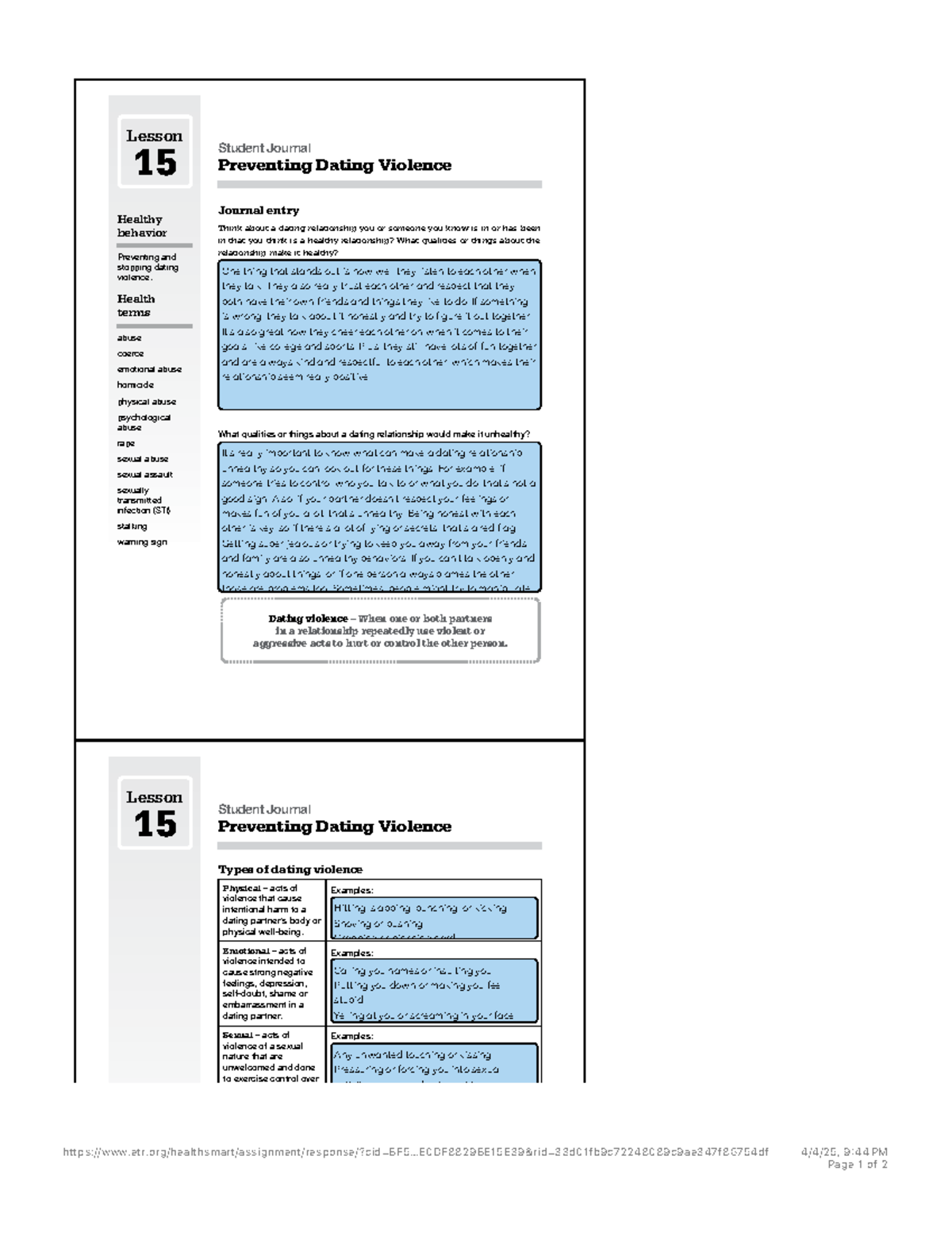 Lesson 15: Preventing Dating Violence - Healthy vs. Unhealthy ...