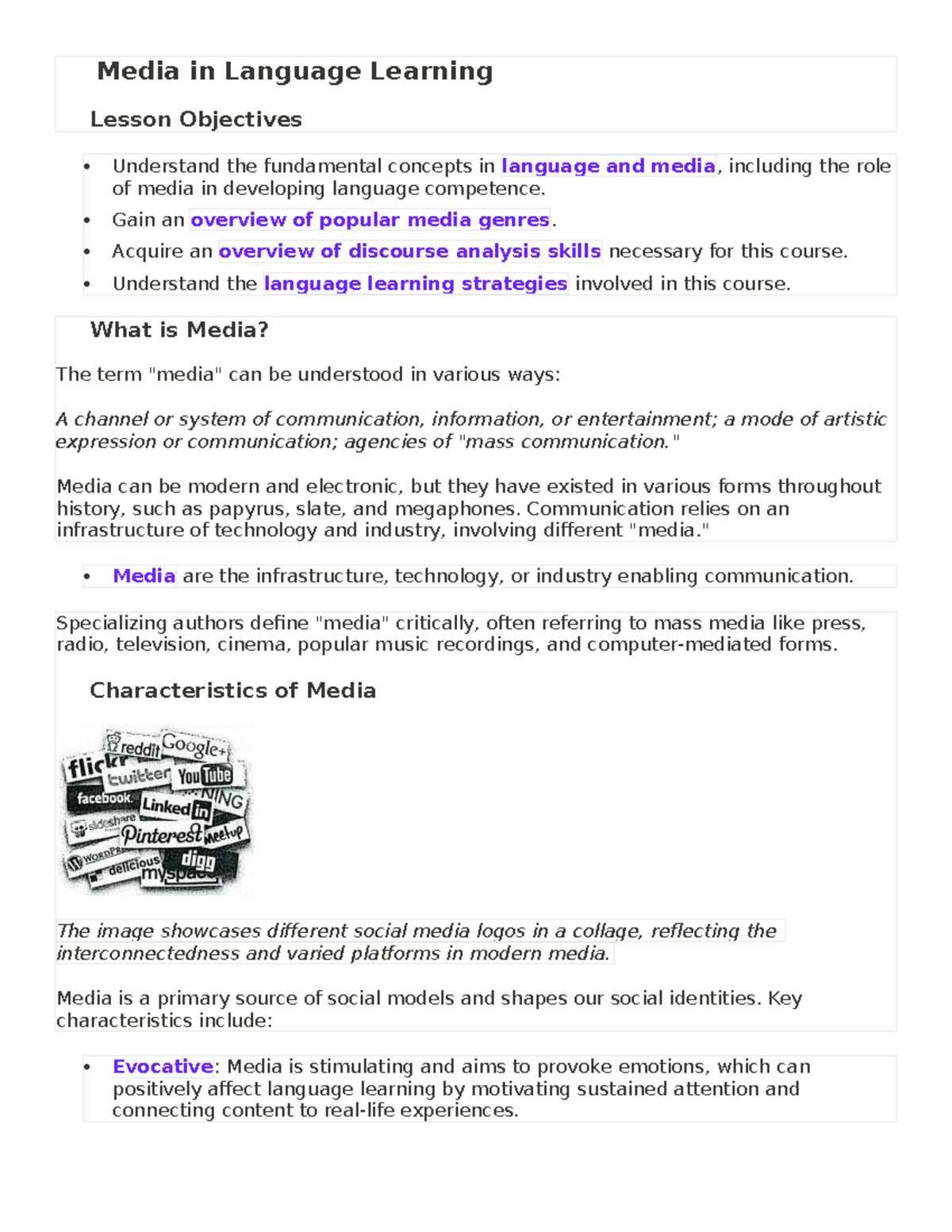 Media in Language Learning: Key Concepts and Objectives - Studocu