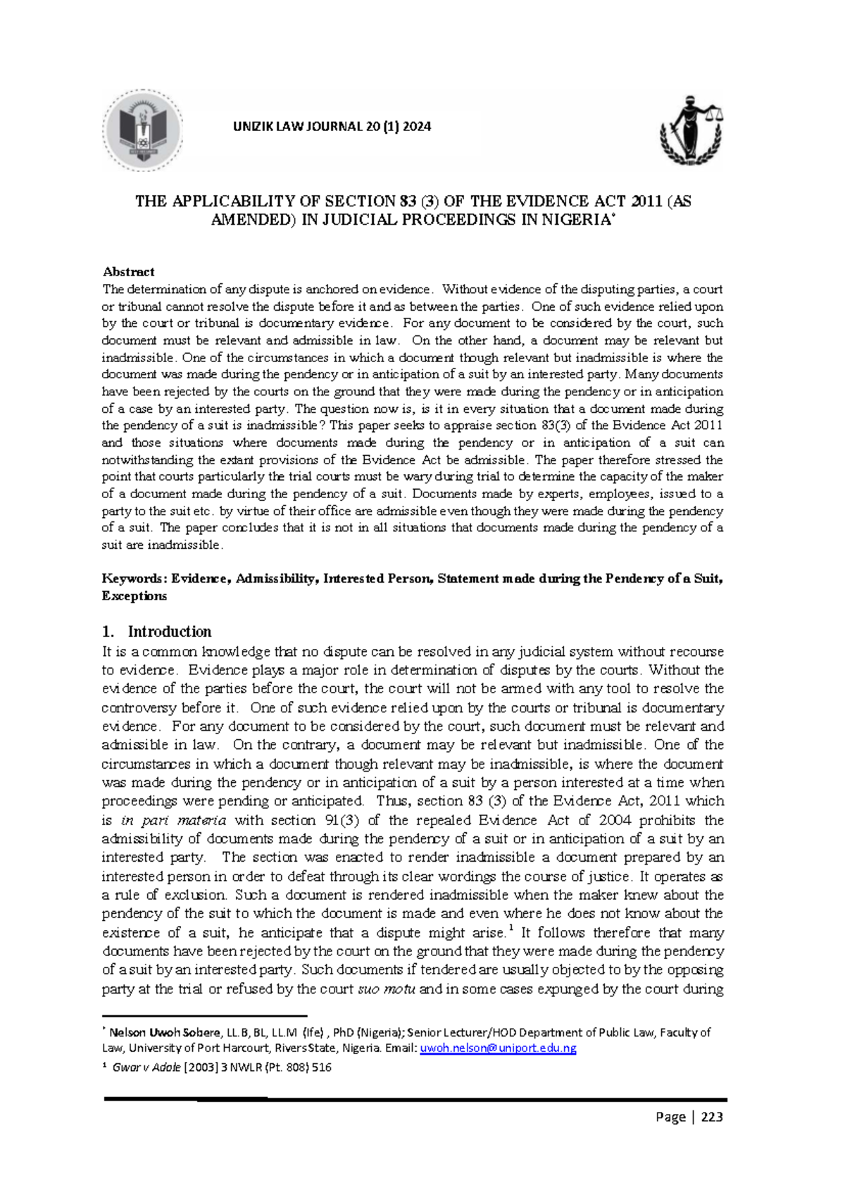 UNIZIK LAW JOURNAL 20 (1) 2024: Analyzing Section 83(3) of the Evidence ...