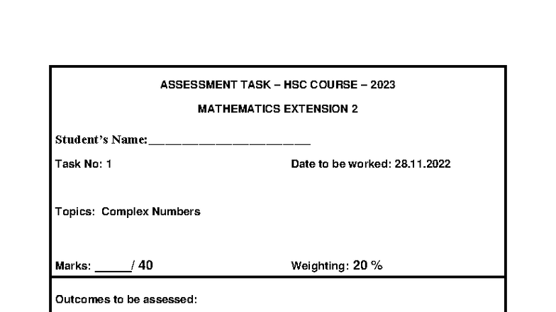 Complex Numbers HSC Mathematics Extension 2 Assessment Task 1 - Studocu