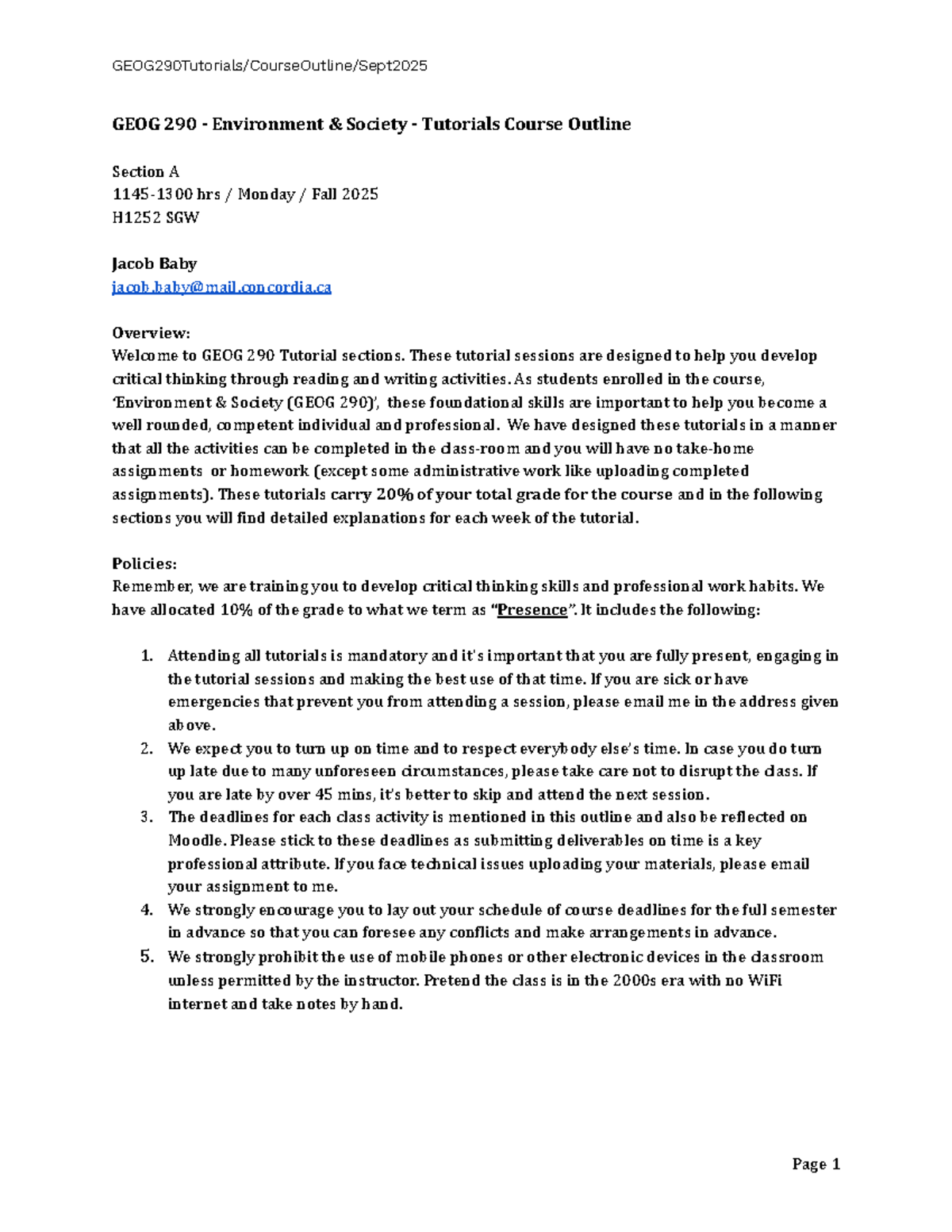 GEOG 290 - Environment Society Tutorial Course Outline Fall 2025 - Studocu