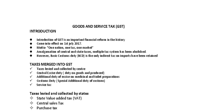 GST Notes: Comprehensive Overview of Goods and Services Tax (GST) - Studocu