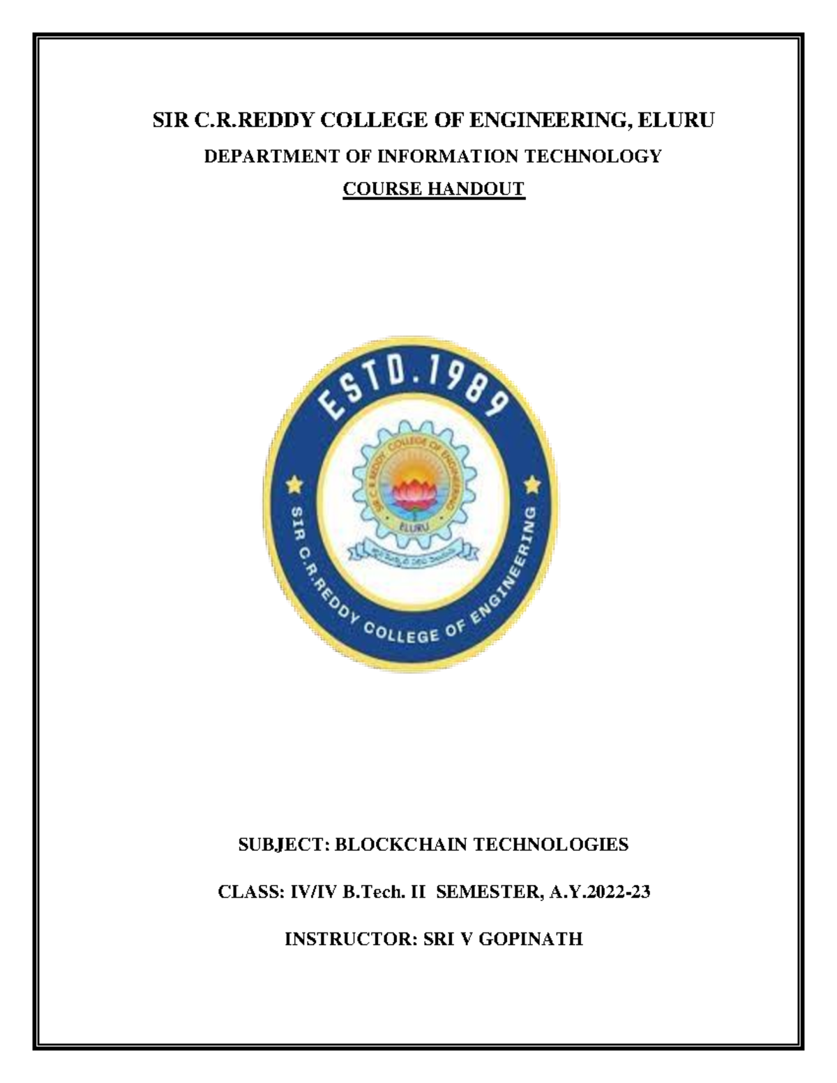 BCT - Blockchain - SIR C.R COLLEGE OF ENGINEERING, ELURU DEPARTMENT OF ...