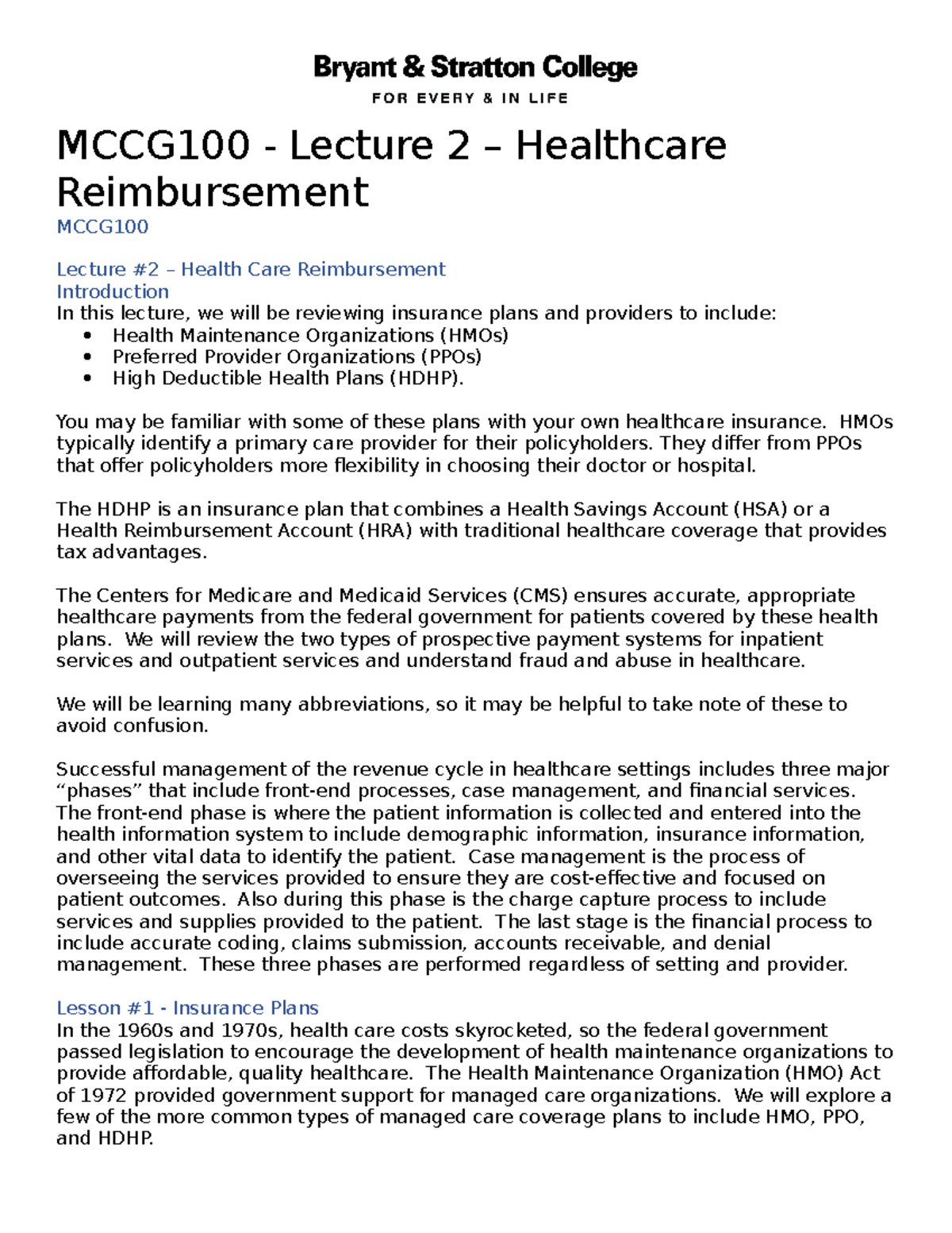 MCCG100 - Lecture 2 - Overview of Healthcare Reimbursement Models - Studocu