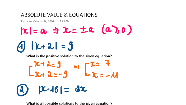 Absolute Value & Equations - Mathematics - What is the positive solution to the given equation ...