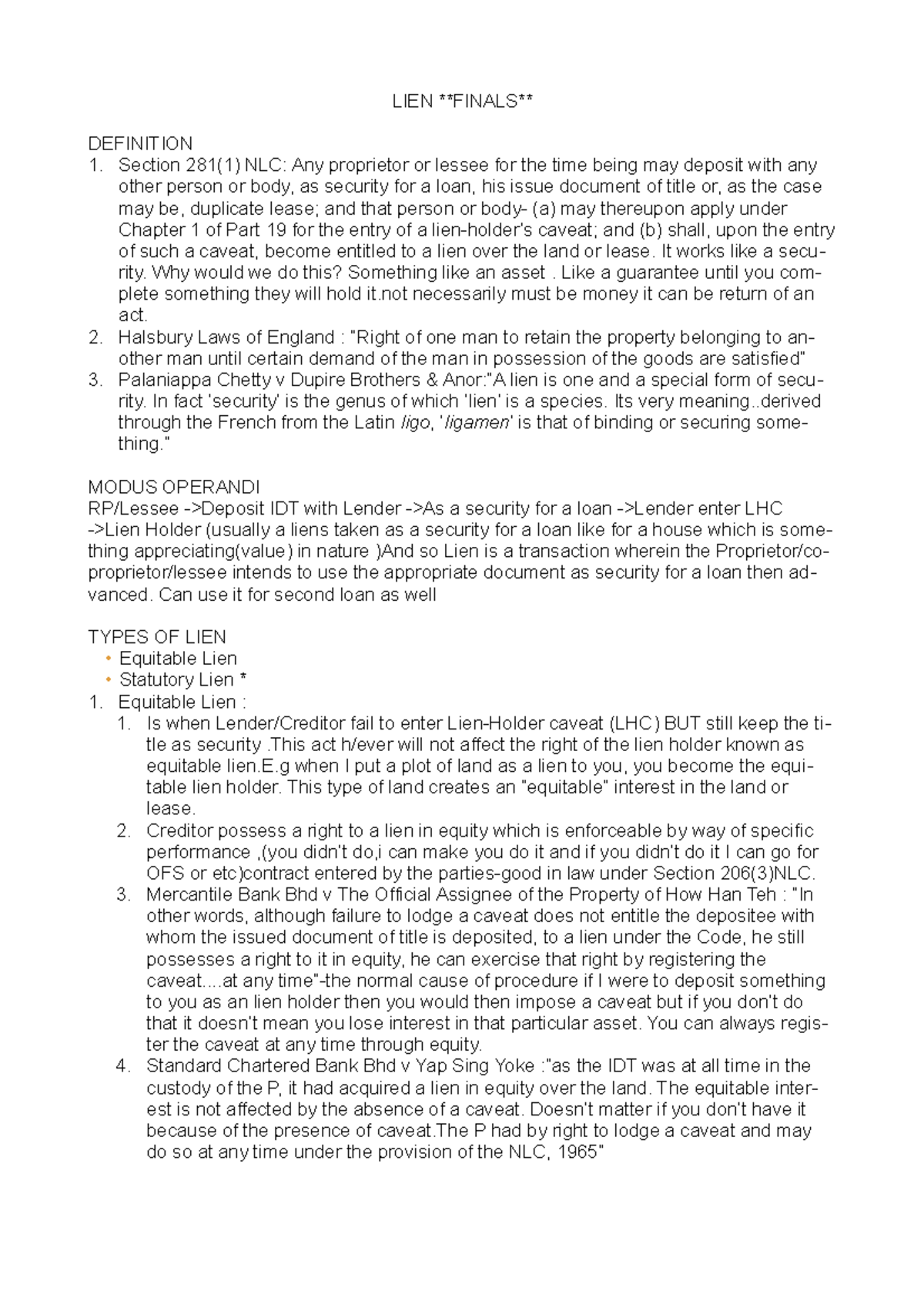 Lien Law: Final Exam Notes on Definition, Types & Case Studies - Studocu