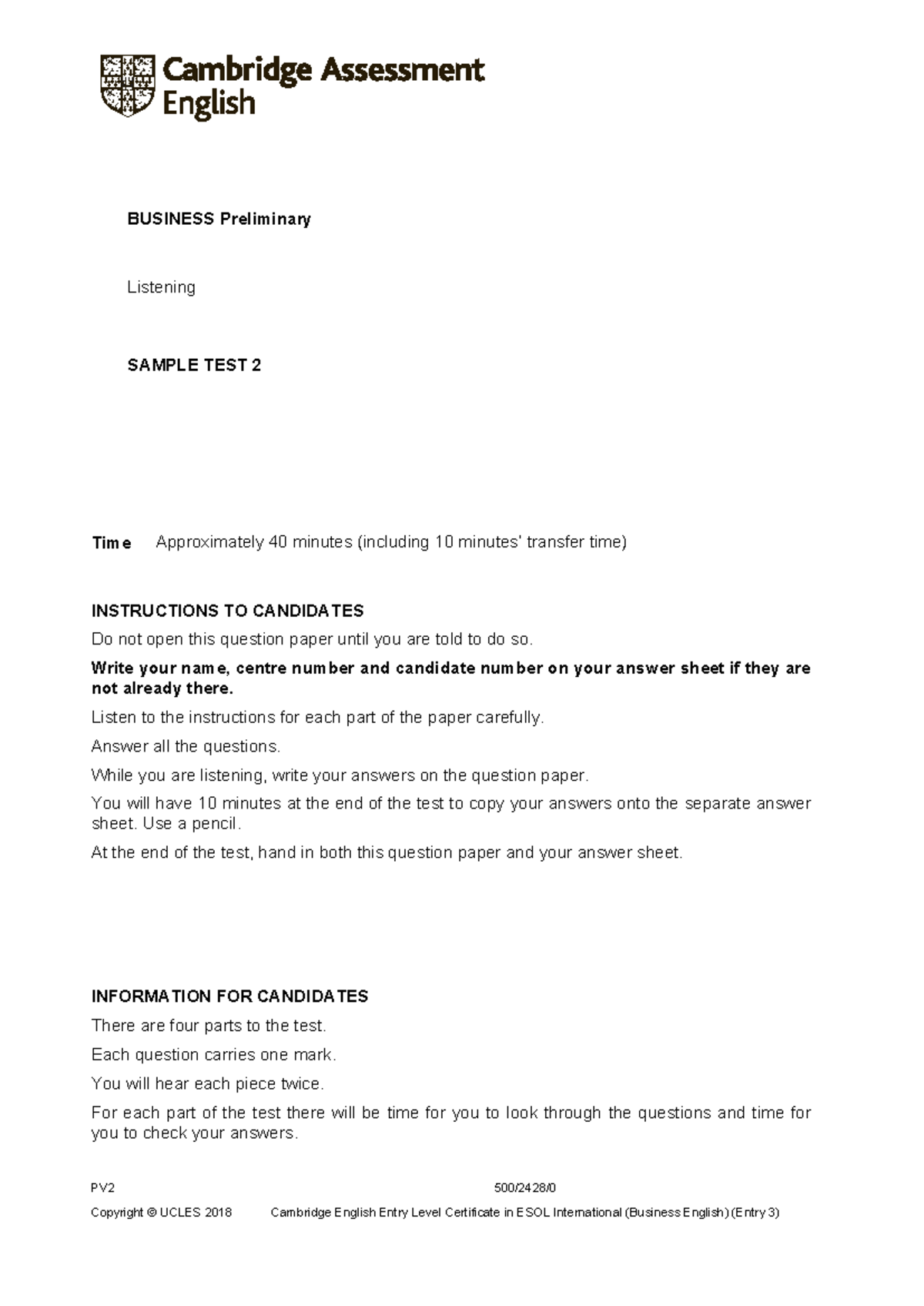 BUSINESS Preliminary Listening Sample Test 2 - Full Paper - Studocu