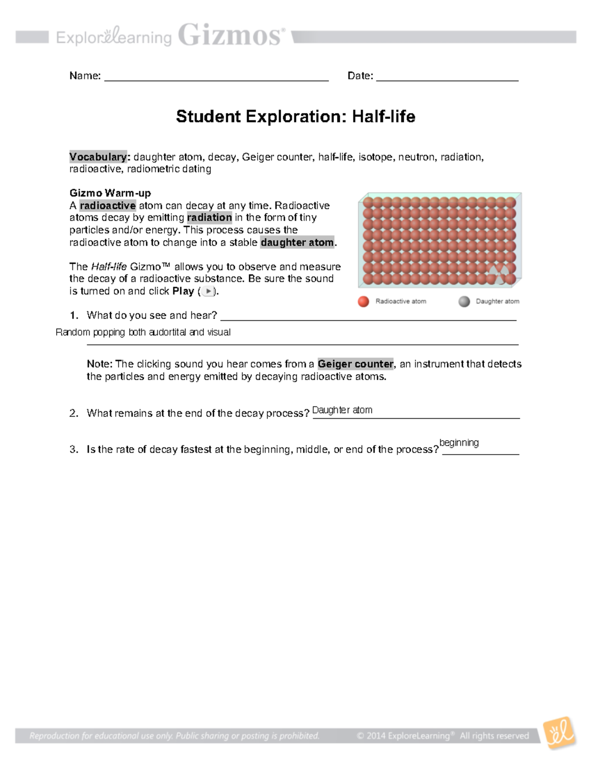 Half-life Gizmo Student Exploration: Understanding Radioactive Decay ...