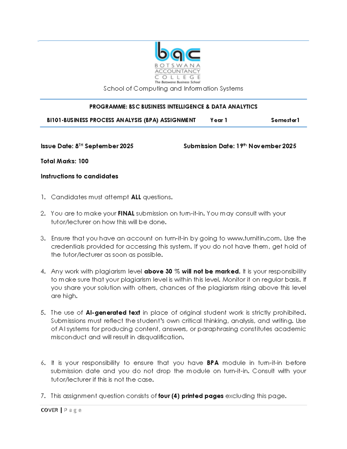 BI101 BPA Assignment: Business Process Analysis Coursework 2025 - Studocu