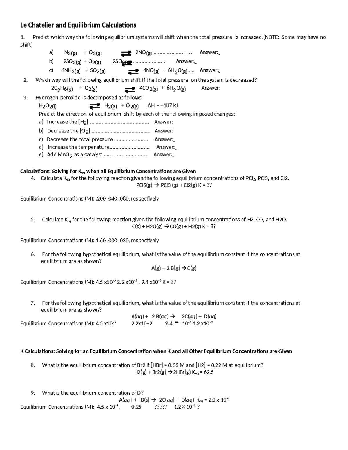 Le Chatelierand Equilibrium Calculations Worksheet - Le Chatelier and ...
