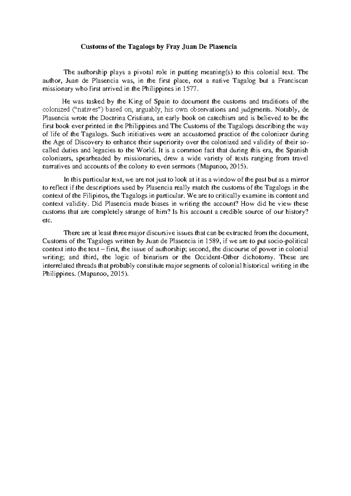 Critical Analysis of Customs of the Tagalogs (CA-Tagalog 101) - Studocu