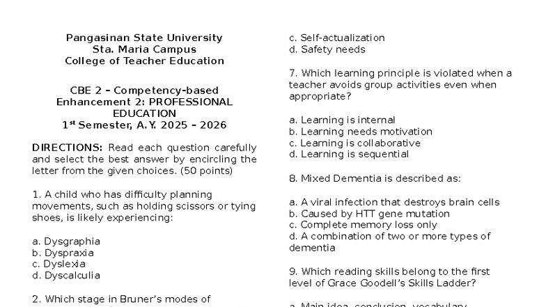 CBE 2 - Enhancement 2: Professional Education Post-Test 1st Sem A.Y ...