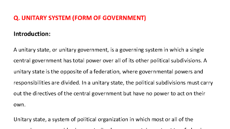 Q. Unitary vs Federal Systems: Understanding Governance Structures ...