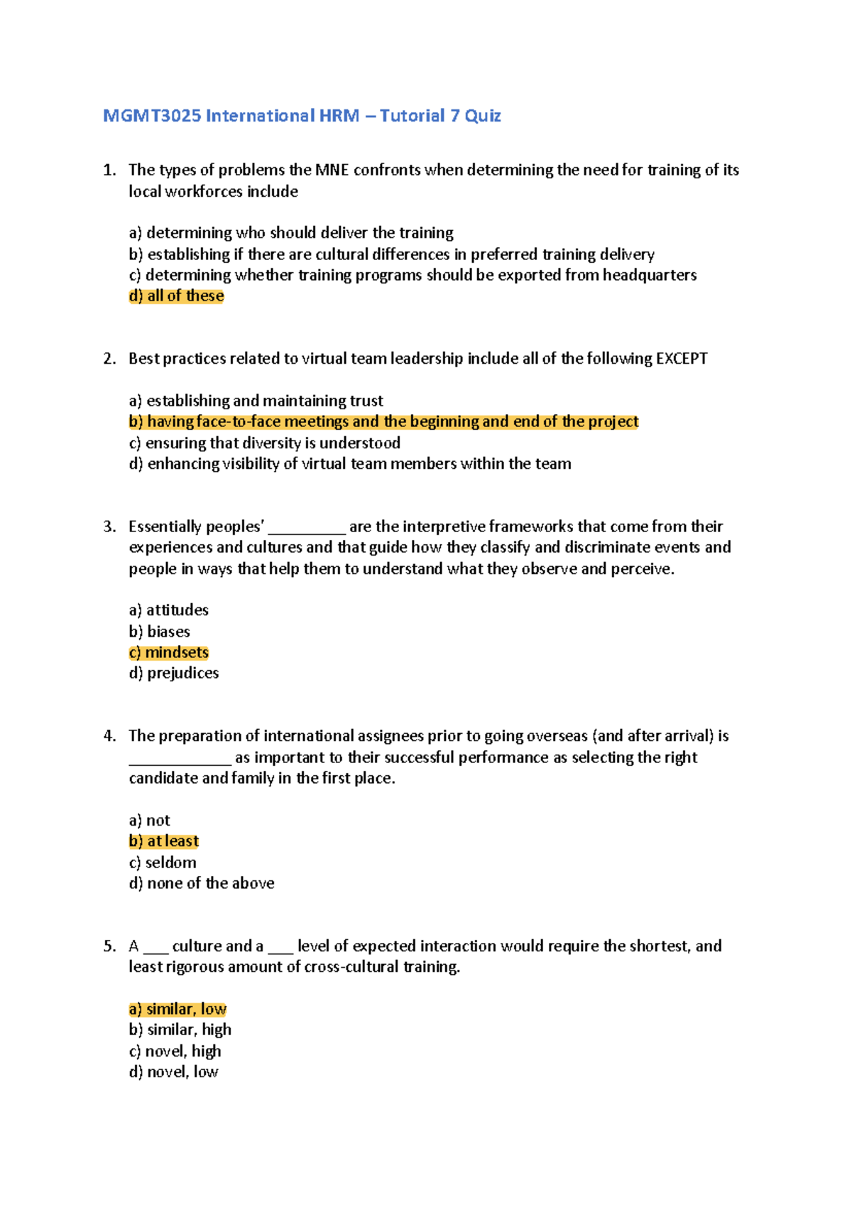 MGMT3025 International HRM Tutorial 7 Quiz Questions - Studocu