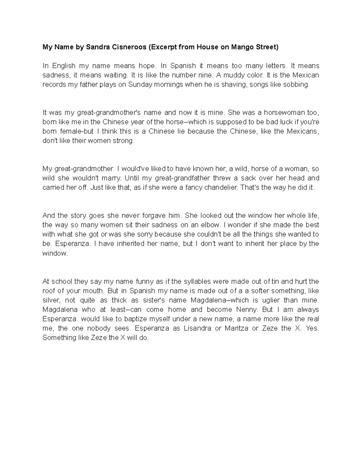 Essay Notes: My Name by Sandra Cisneros - Themes and Reflections - Studocu