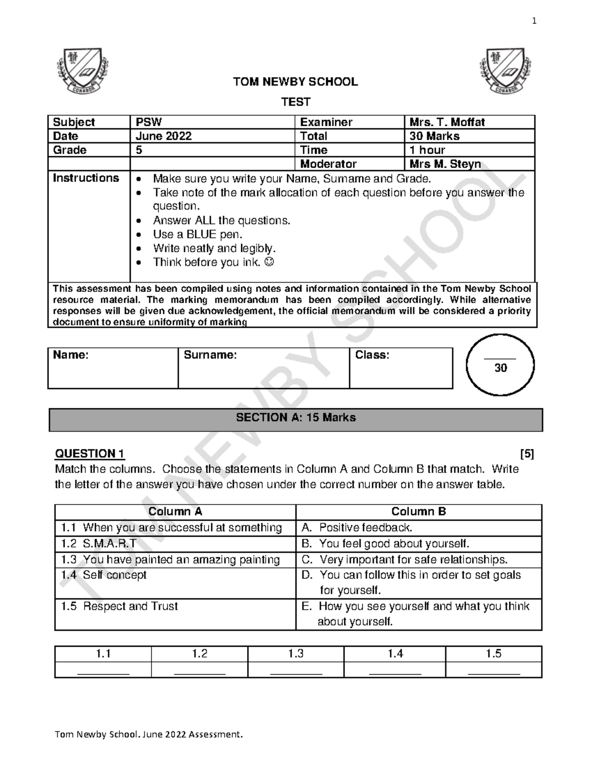 Grade 5 Life Skills Exam June 2022 - PSW Assessment Guide - Studocu