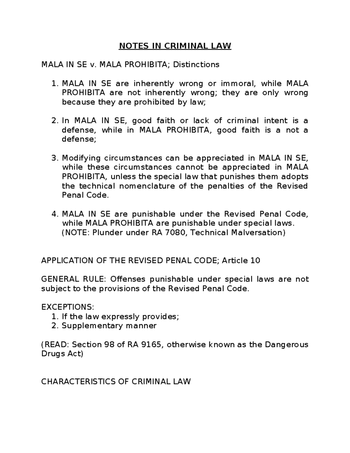 CRIMINAL LAW NOTES: MALA IN SE vs. MALA PROHIBITA (Part 1) - Studocu