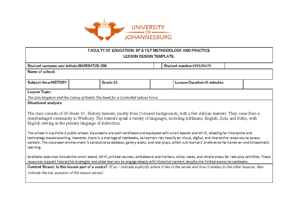 Grade 10 History Lesson Plan: The Zulu Kingdom & Natal Colony - Studocu