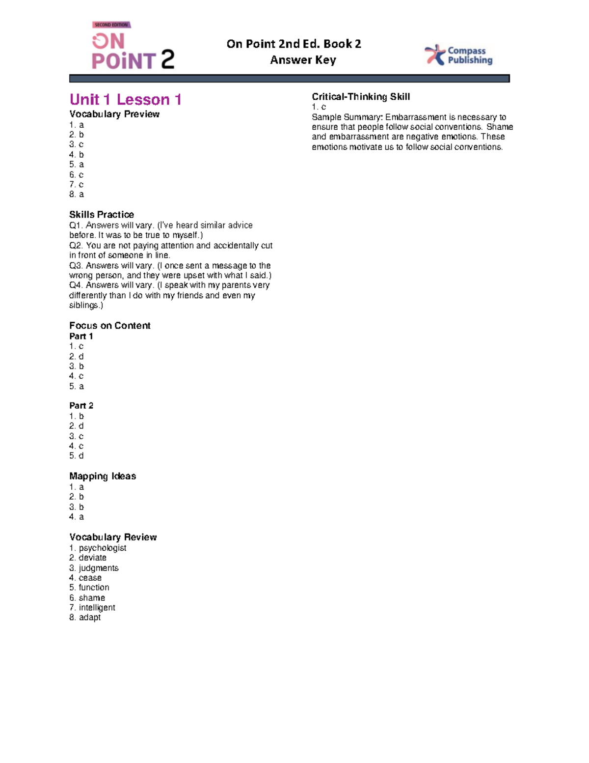 On Point 2nd Ed. Book 2 Answer Key: Units 1-10 Vocabulary & Skills ...