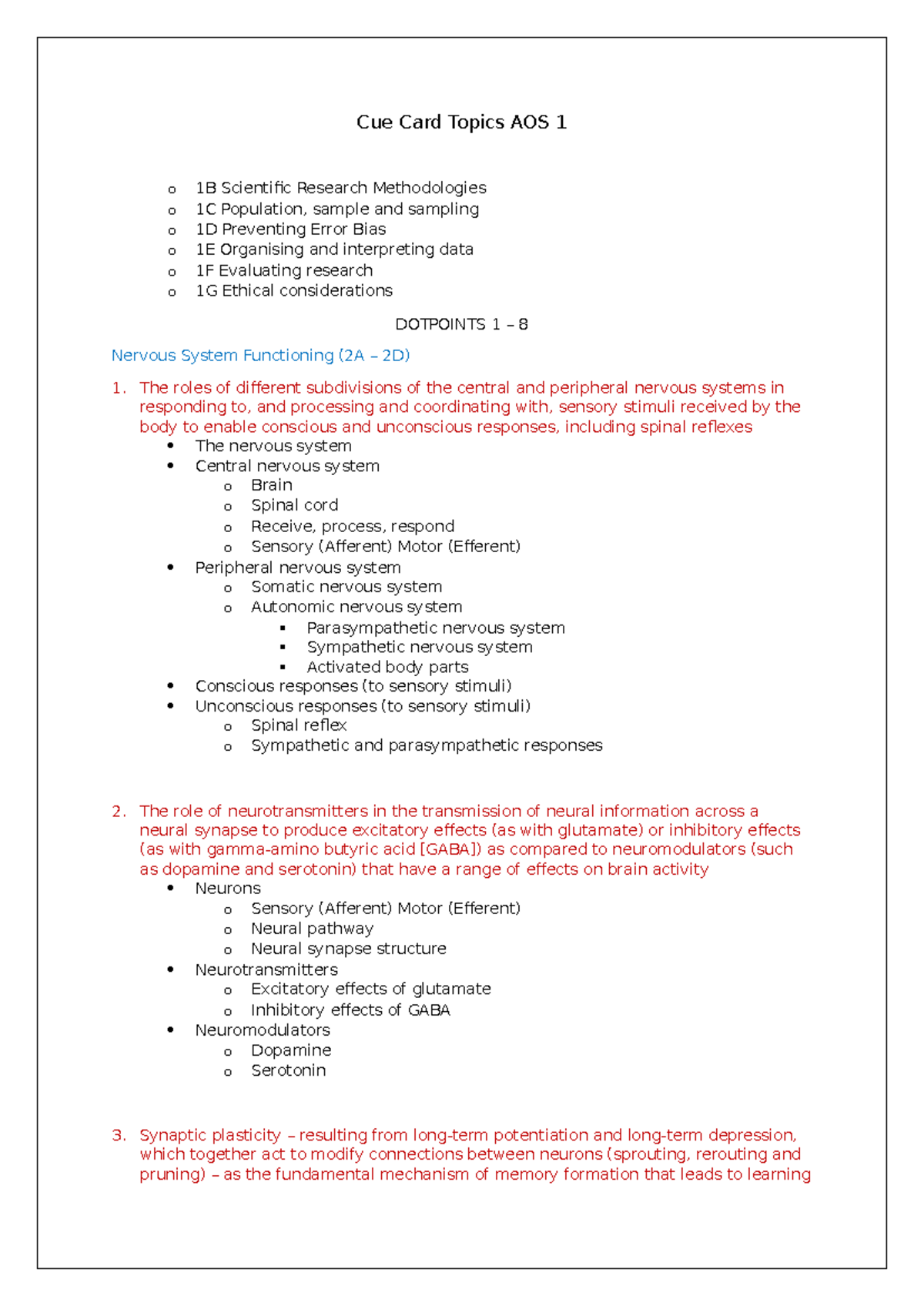 Psychology Unit 3 AOS 1 Cue Card Topics Summary for Study Guide - Studocu