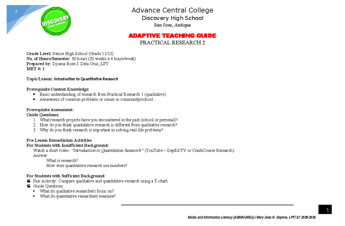 Adaptive Teaching Guide for Practical Research 2 (ATG-PR 2) - Studocu
