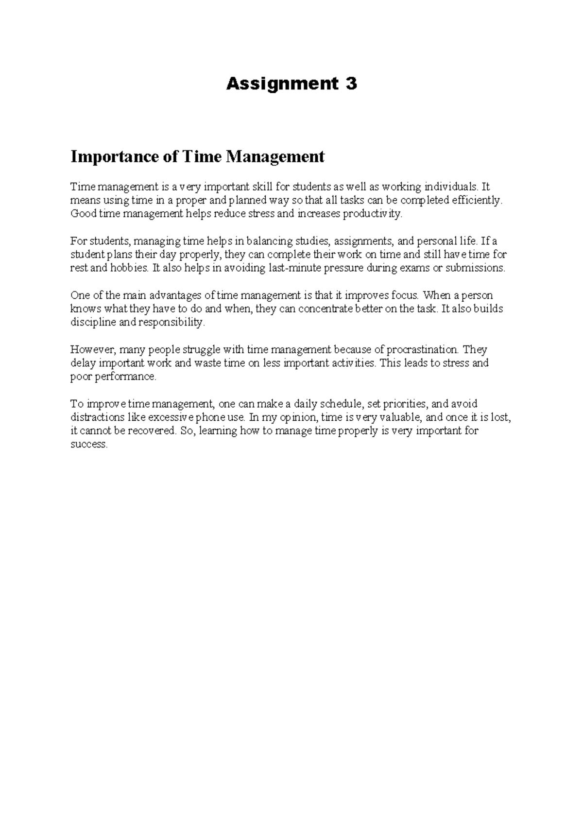 Assignment 3: The Significance of Time Management for Success - Studocu