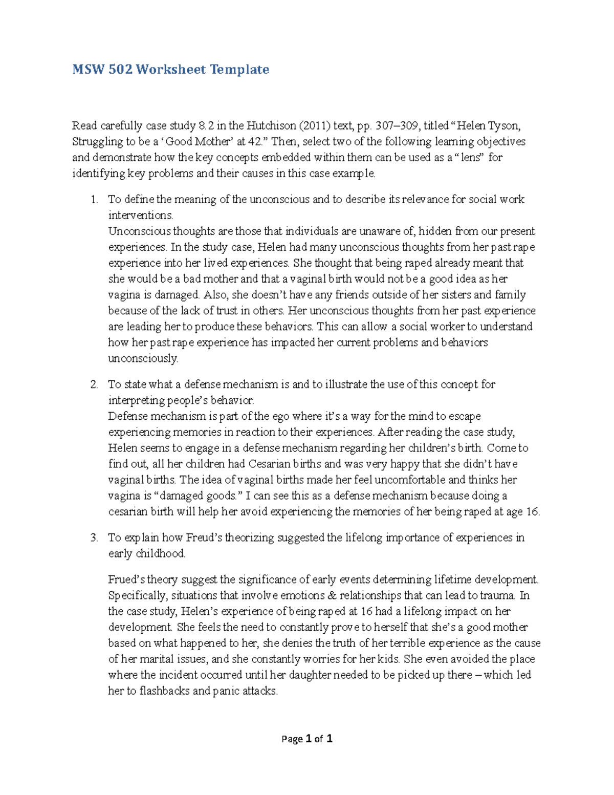 MSW 502 Module 7 Worksheet: Analyzing Helen Tyson's Case Study - Studocu