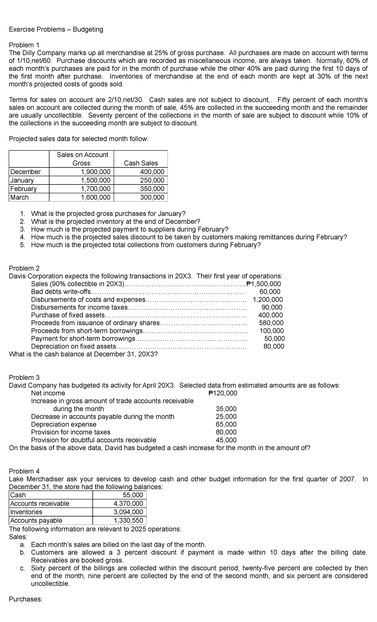 Budgeting Exercise Problems for Course ACCT101 - Studocu
